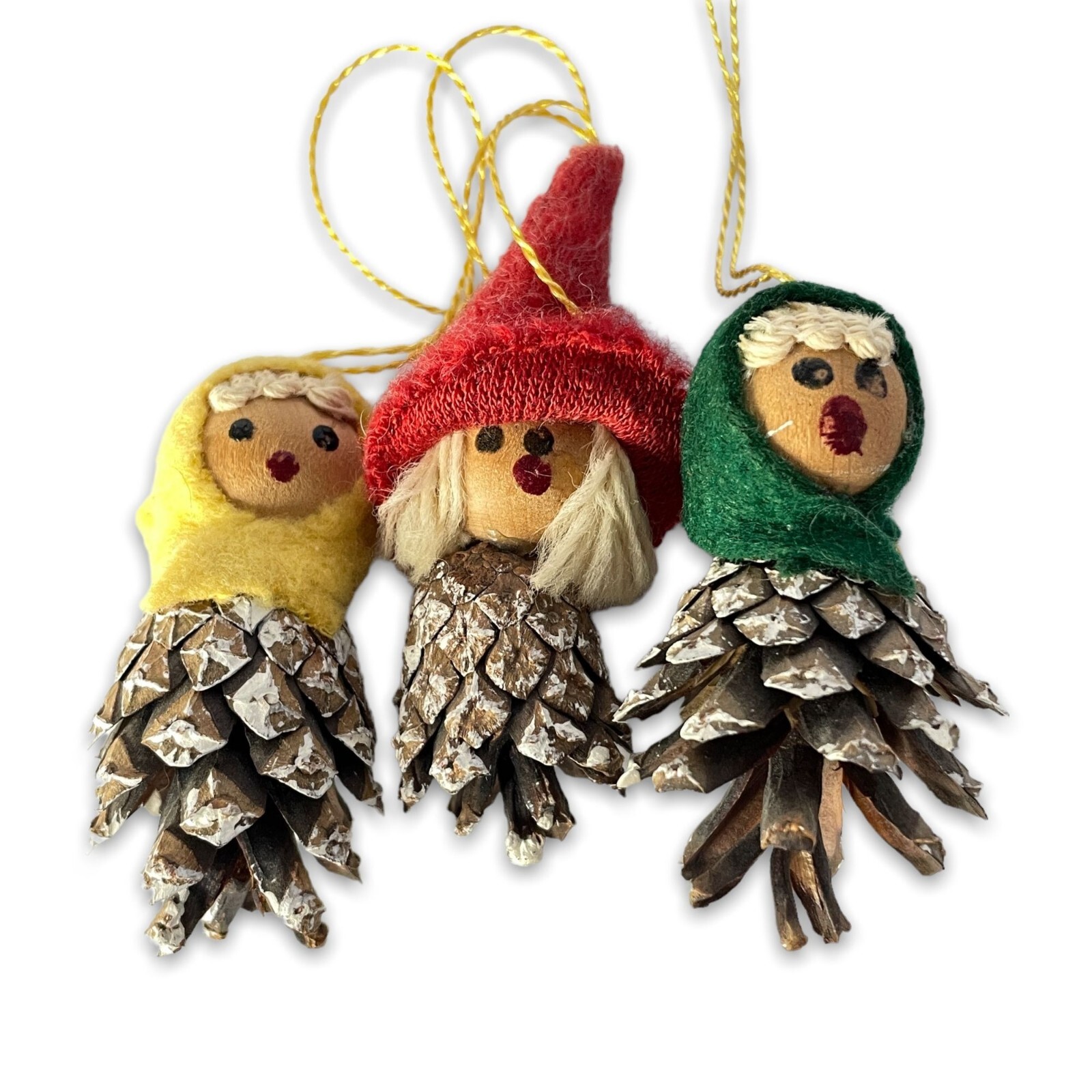 Lot of 3 Pinecone Elf Ornaments in Straw Basket Handmade Germany | eBay