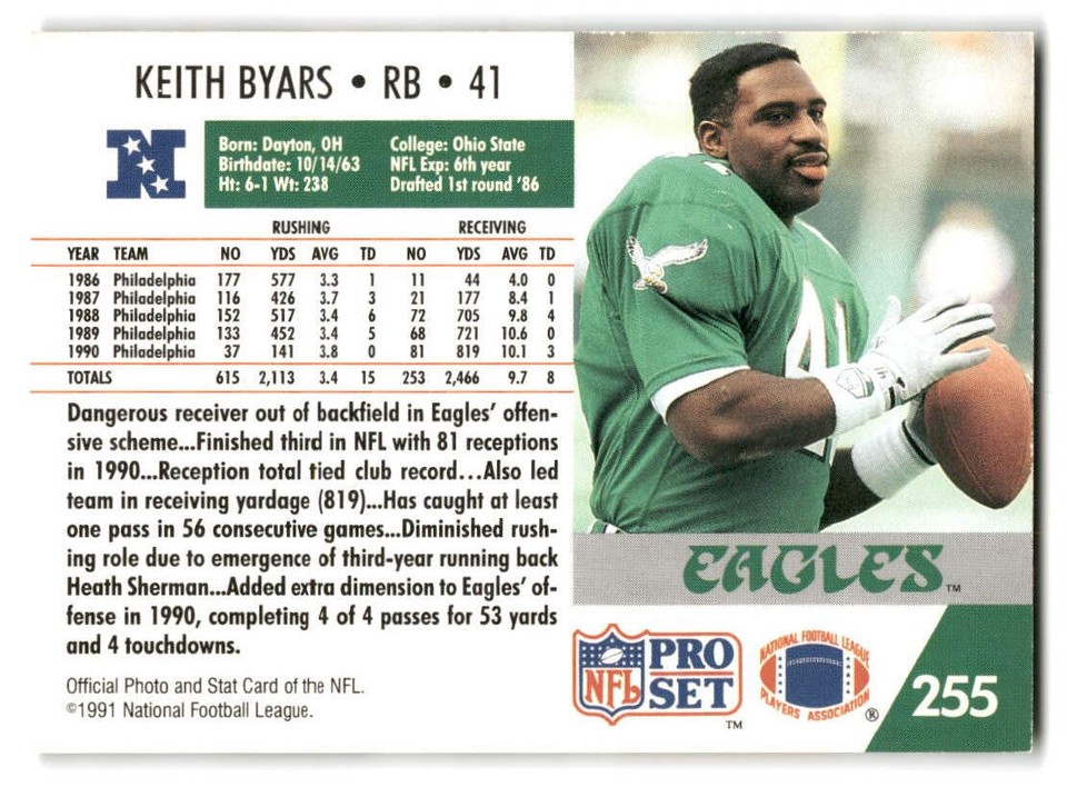 Keith Byars 1991 Pro Set #255 Philadelphia Eagles FOOTBALL | eBay
