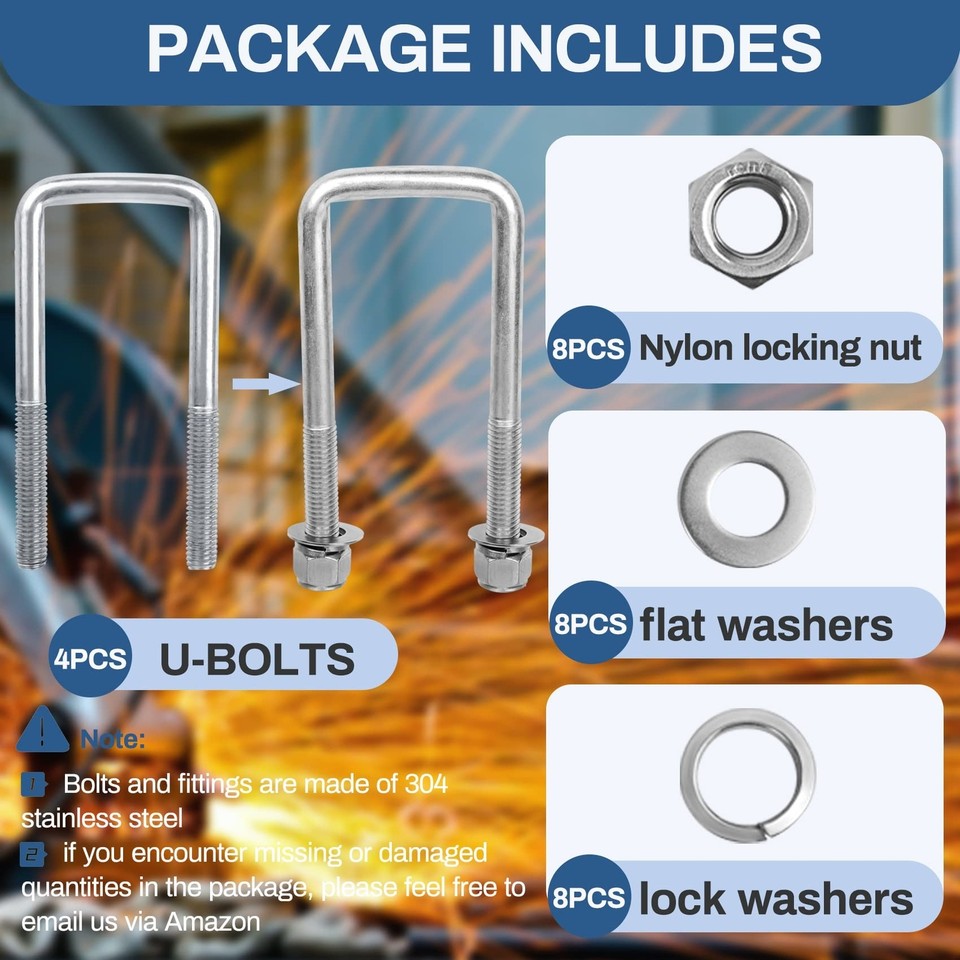 4pcs U Bolts,304 Stainless Steel Square U Bolt,U Bolts 2 inch Wide,1/2 ...