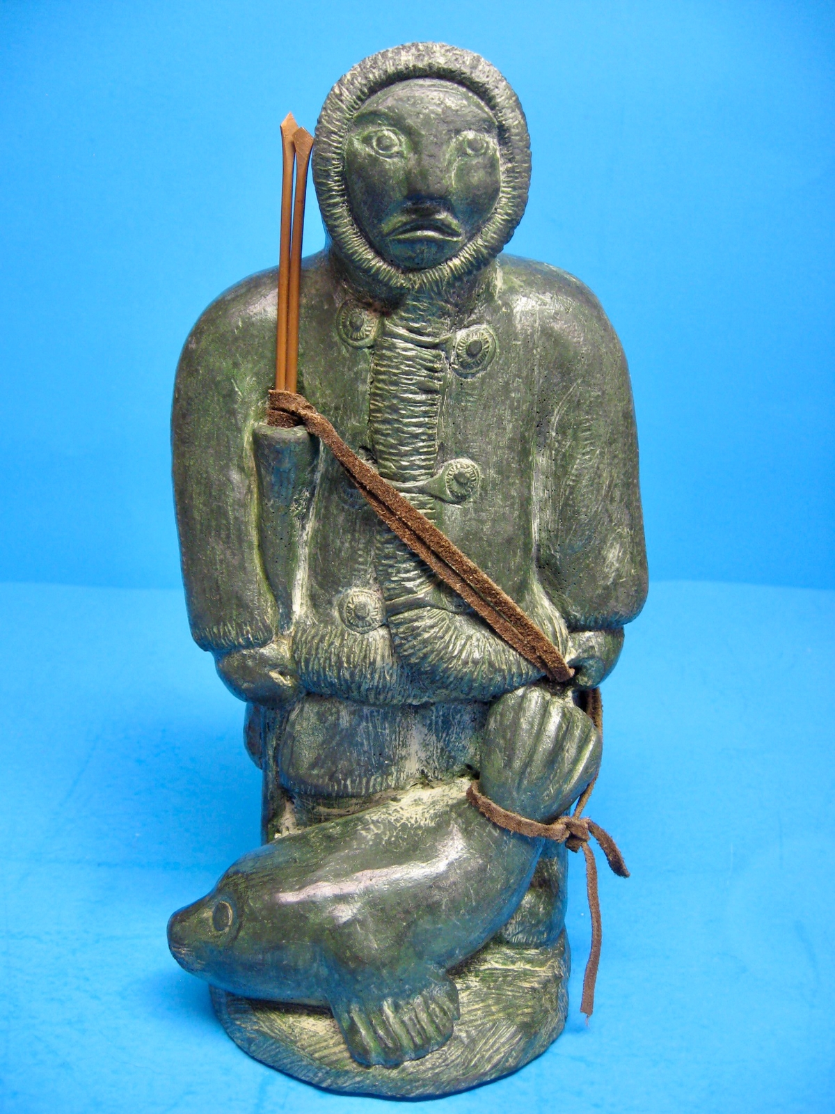 A WOLF ORIGINAL Native Eskimo/ Inuit Art Cast Sculpture "Seal Hunter" 9 ...