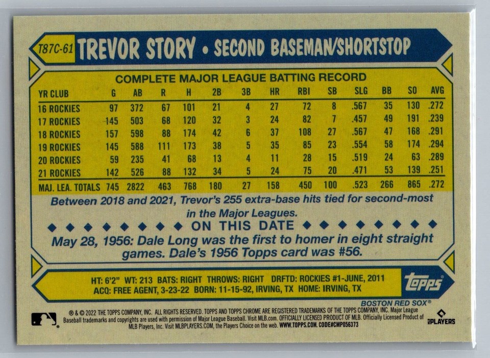 2022 Topps Update '87 Topps Silver Pack Chrome #T87C61 Trevor Story | eBay