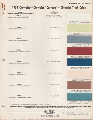 1959 CHEVROLET CAR TRUCK CORVETTE IMPALA BEL AIR PAINT CHIPS (DUPONT ...