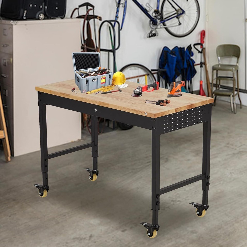 Adjustable Height Workbench 60x22" for Garage, Rubber Wood Top&Cold ...