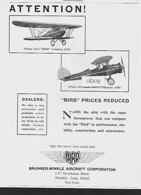 BIRD AIRCRAFT CORP GLENDALE,NY 1930 KINNER BIRD & OX-5 BIRD PRICES ...