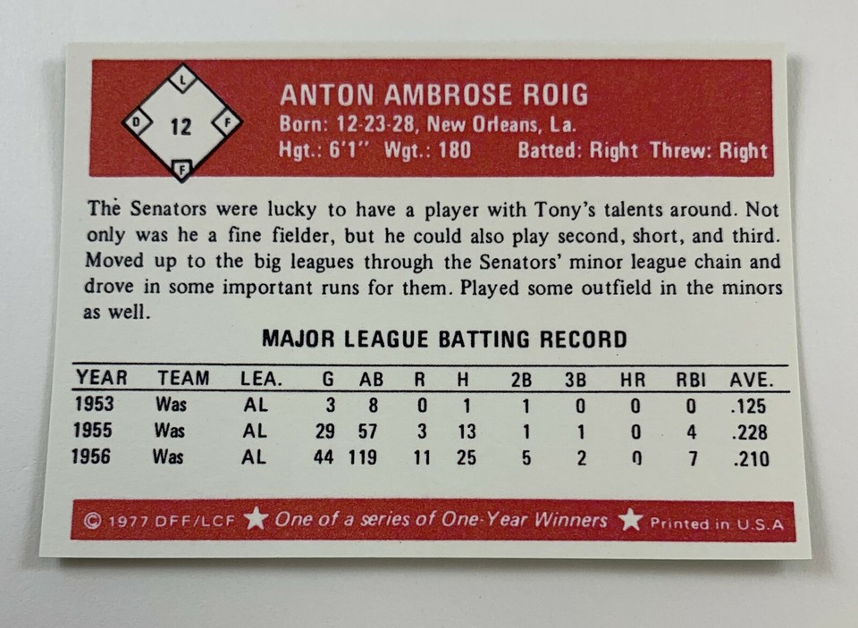 One Year Winners Baseball Card Single #12 Tony Roig (Senators) | eBay