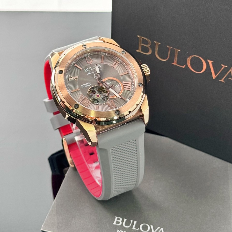 Bulova Marine Star 98A228 Rose Gold Dial Gray Silicone Automatic Men's ...