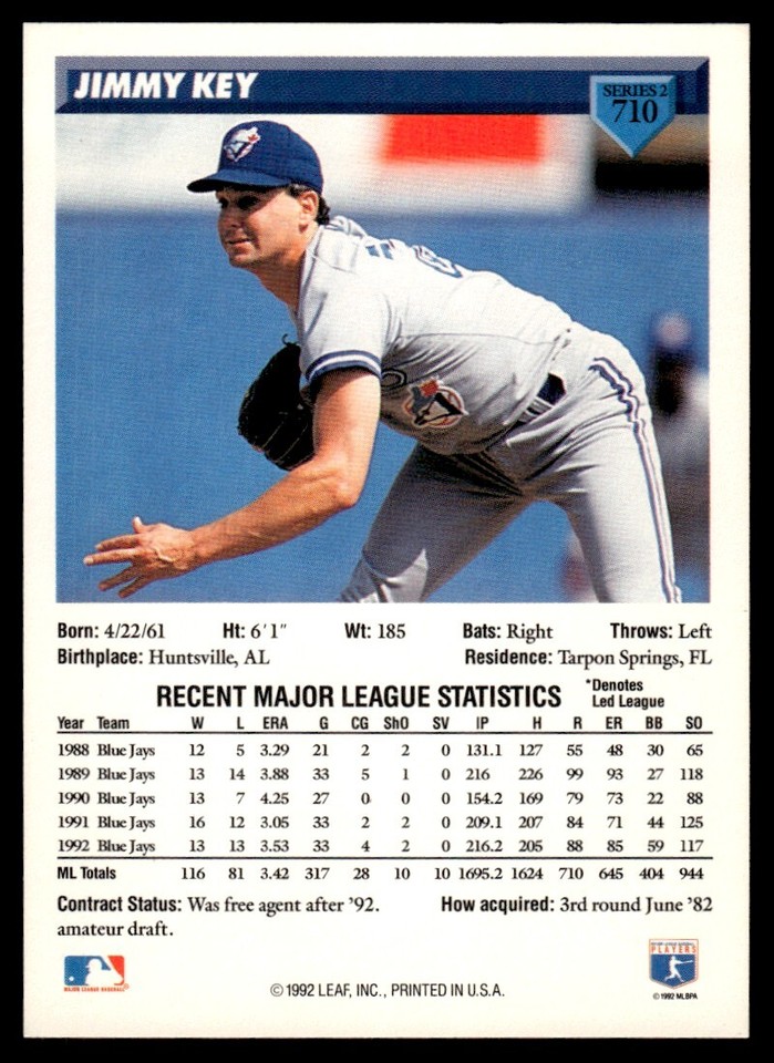 1993 Donruss Baseball Card Jimmy Key Toronto Blue Jays #710 | eBay