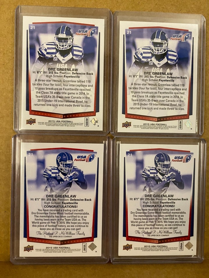 Four 2015 Upper Deck USA Football Dre Greenlaw Rookie Jersey, Patch and ...