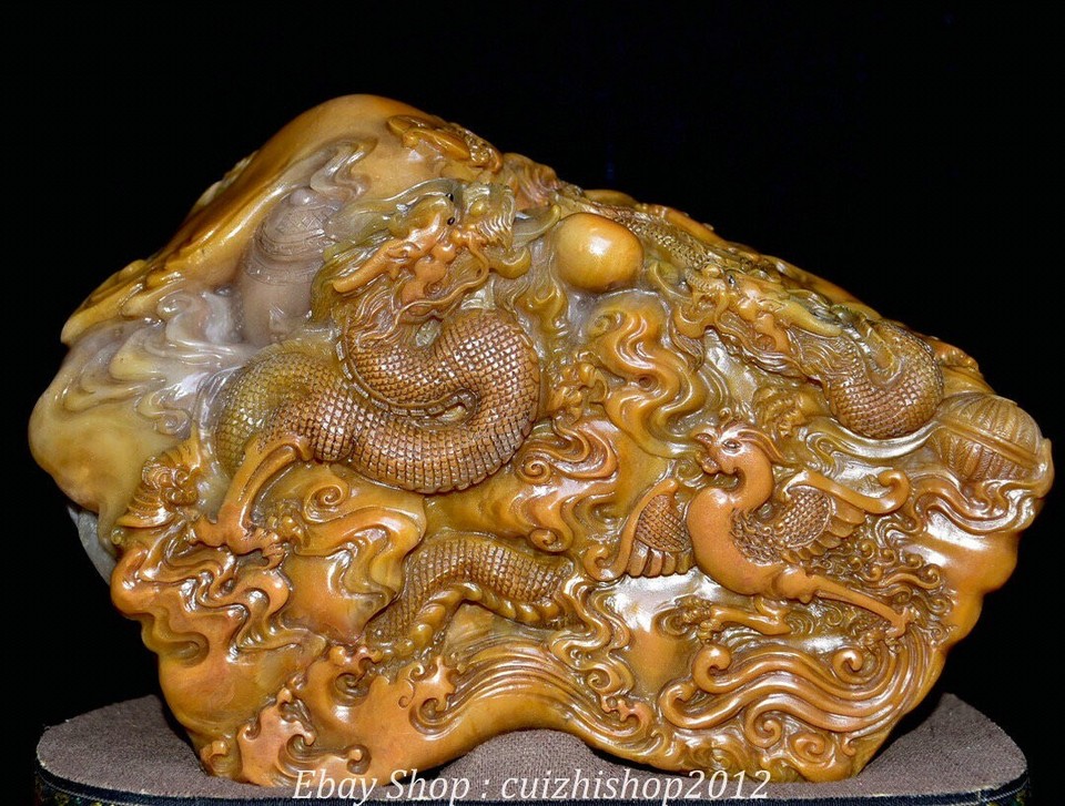 8.6"Old Qing Dynasty Tianhuang Shoushan Stone Dragon Loong Phoenix Word ...