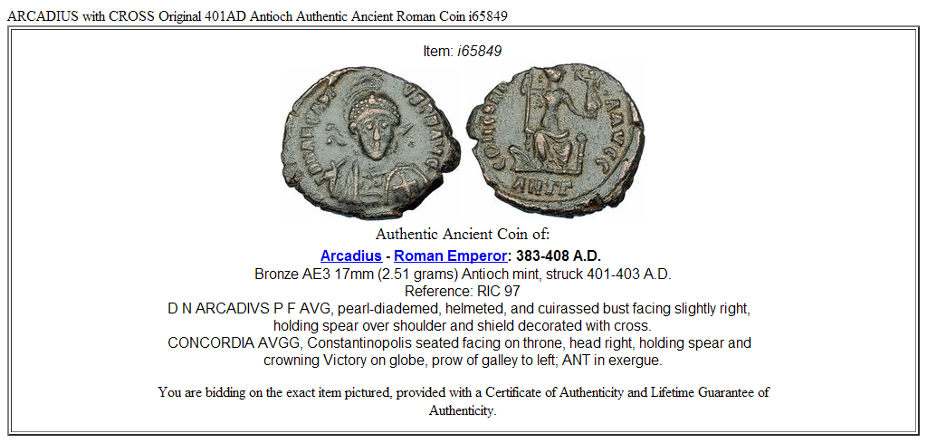 ARCADIUS with CROSS Original 401AD Antioch Authentic Ancient Roman Coin ...
