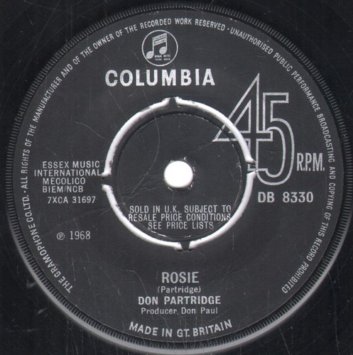 Don Partridge Rosie 7" vinyl UK Columbia 1968 four prong label design ...