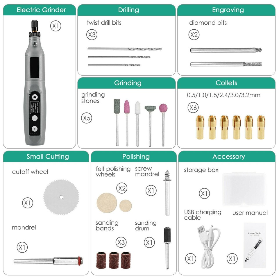 5 Speed USB Cordless Electric Mini Grinder Rotary Tool Drill Kit ...