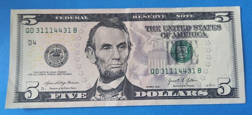** 3-1-4** FANCY NOTE TRINARY $5 2021 US Bill 2 double/ 1 quad ...