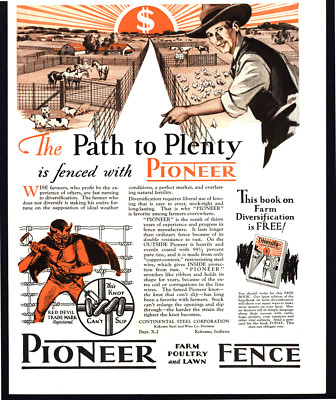 1929 PIONEER FENCE CO. FARM POULTRY AND LAWN DEVIL FARMER PIGS CHICKENS ...