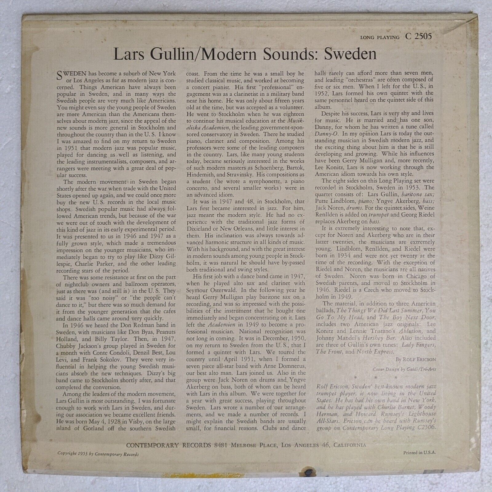 Lars Gullin Quartet & Quintet ORIG. 10" Contemporary C 2505 Modern ...