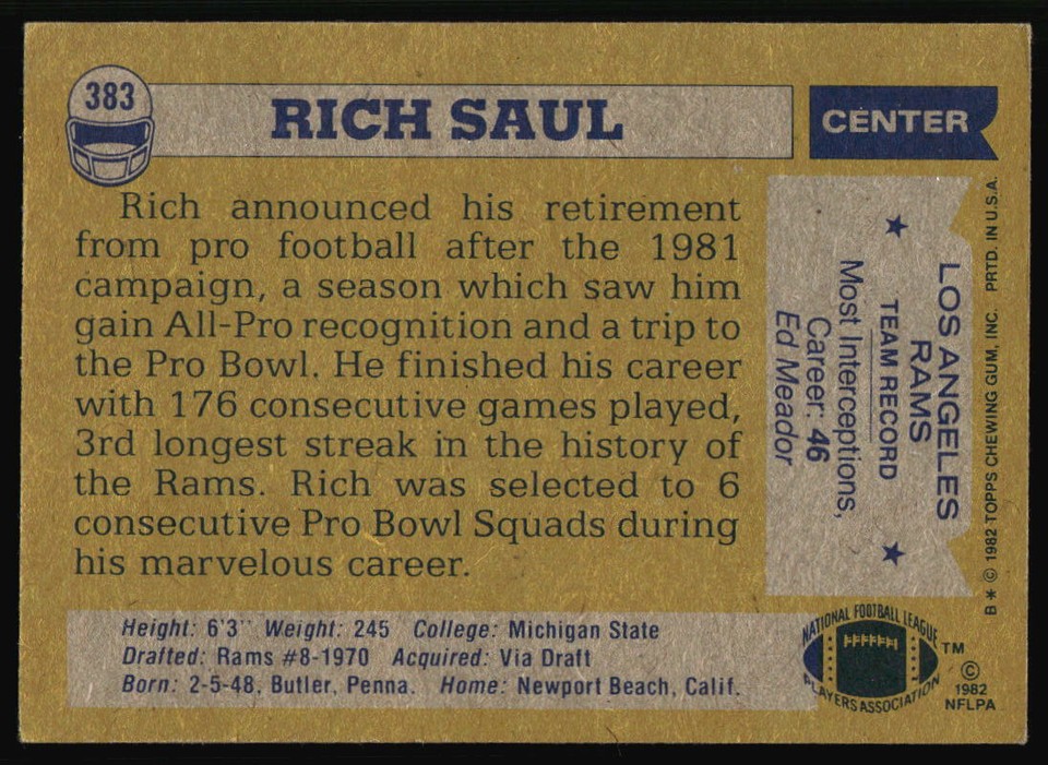 1982 Topps Rich Saul #383 Los Angeles Rams | eBay