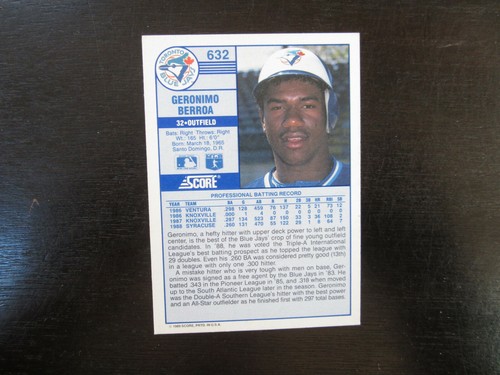 1989 Score # 632 Geronimo Berroa Autograph Signed Card (B) Toronto Blue ...
