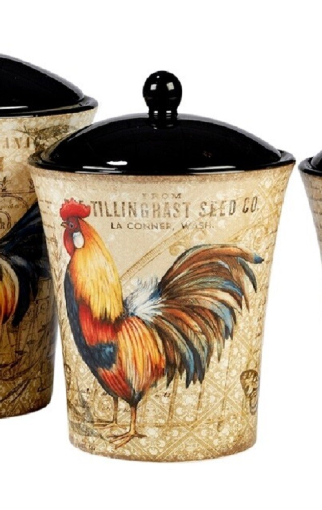 3 Piece Rooster Canister Set Ceramic Kitchen Storage Containers Coffee ...