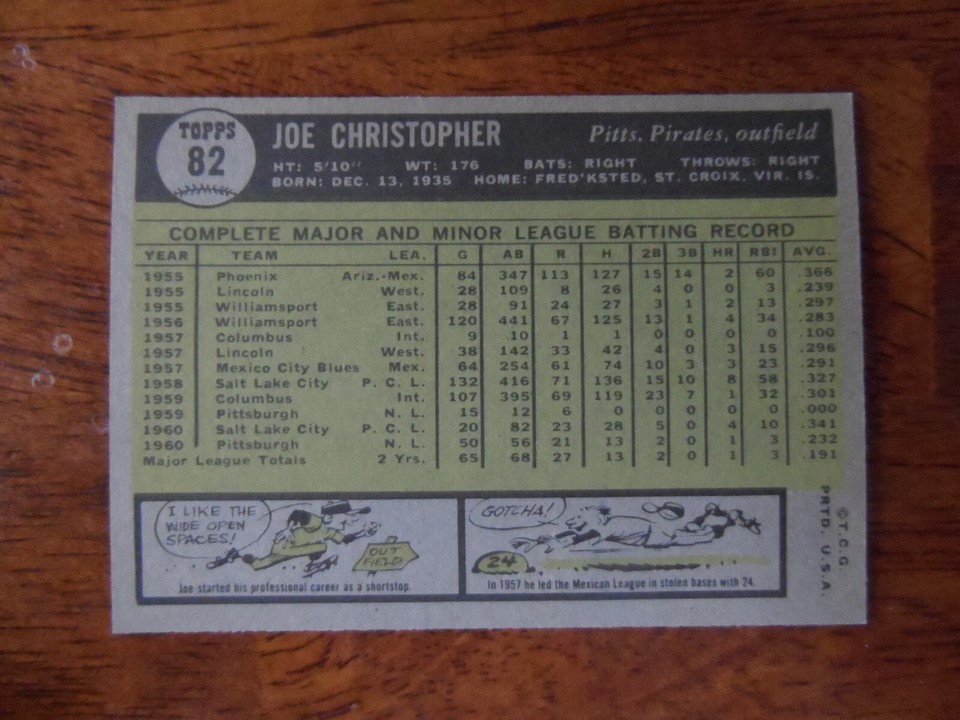 1961 TOPPS BASEBALL #82 JOE CHRISTOPHER PITTSBURGH PIRATES NM A-56 | eBay