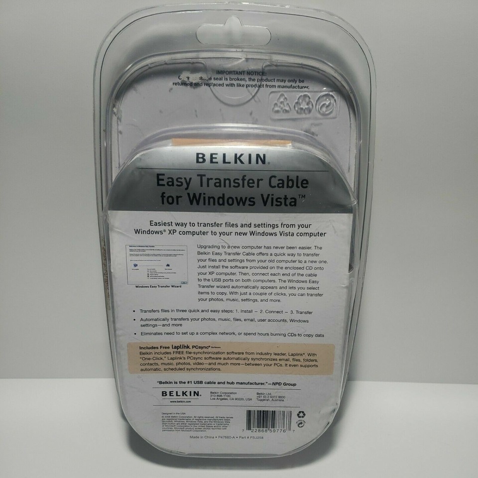 New Belkin Easy Transfer Cable for Windows Vista with Laplink 8 ft (2 ...