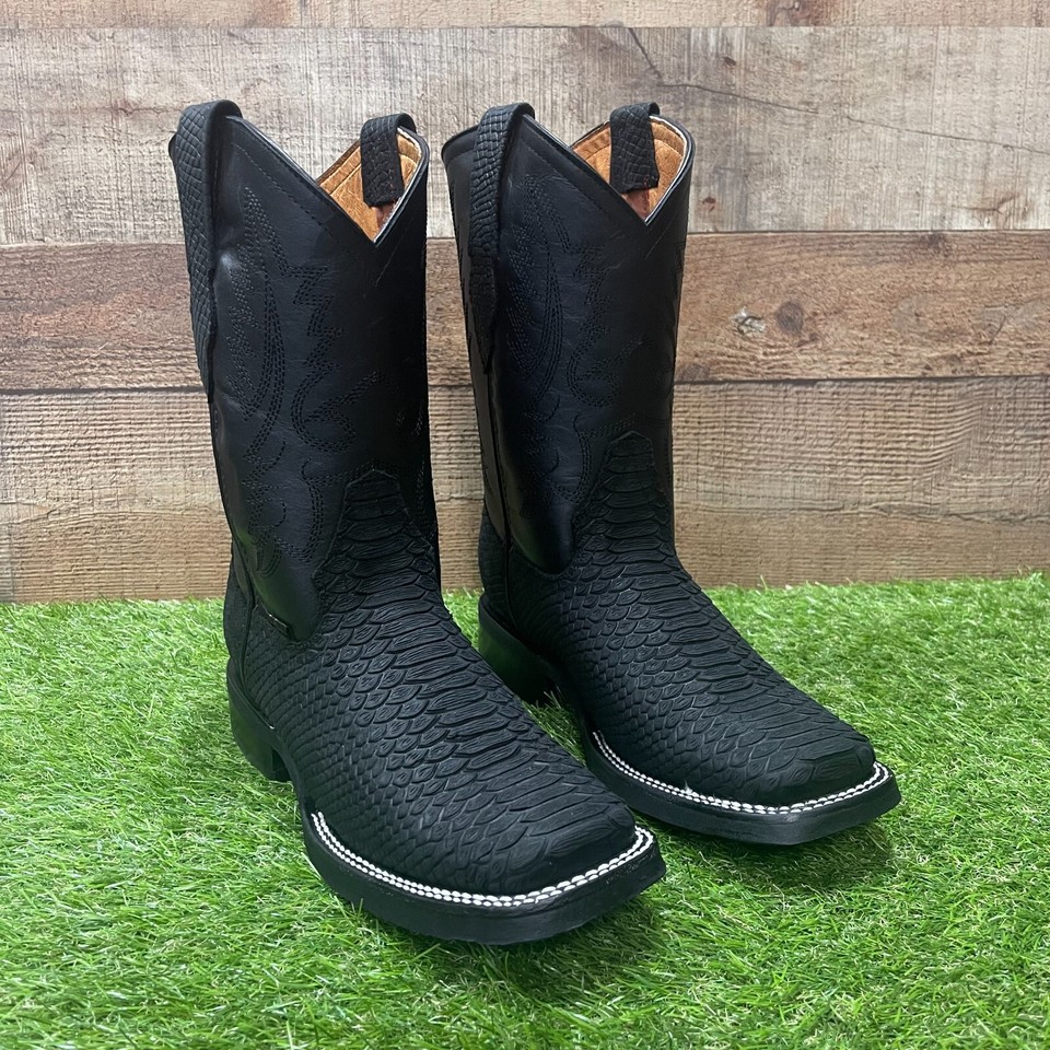 Men's Western Cowboy Leather Python Rubber Sole Square Toe Boots Bota ...