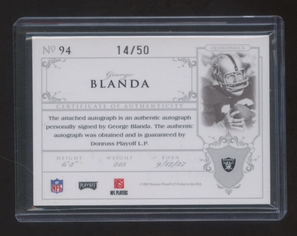 2007 NATIONAL TREASURES GEORGE BLANDA PLATINUM AUTOGRAPH #ED 14/50 MINT ...
