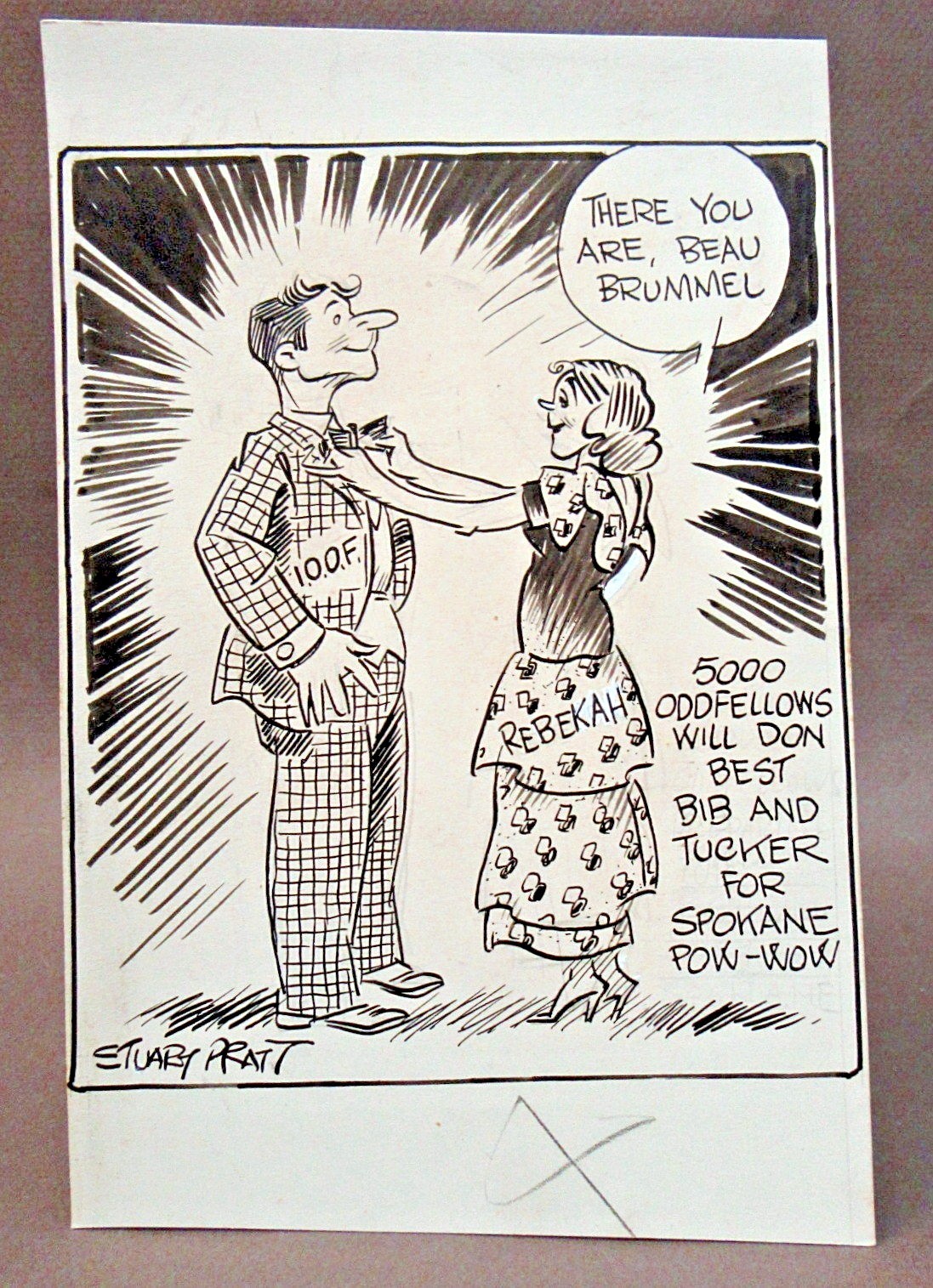 1930's ODDFELLOWS original editorial cartoon artwork Stuart Pratt ...