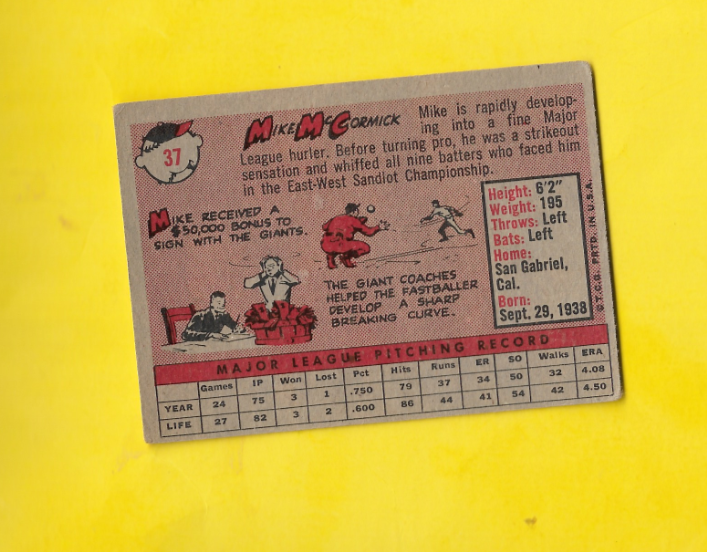 1958 Topps Mike McCormick #37 San Francisco Giants G/VG FREE SHIPPING ...