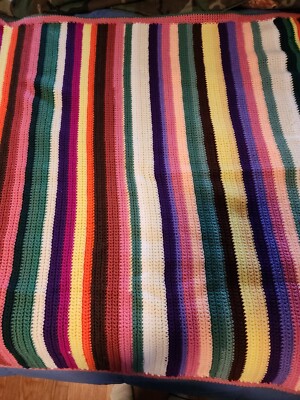 Vtg Handmade Multicolor Crochet Afghan Stripes Blanket Throw ”50 x 45 ...