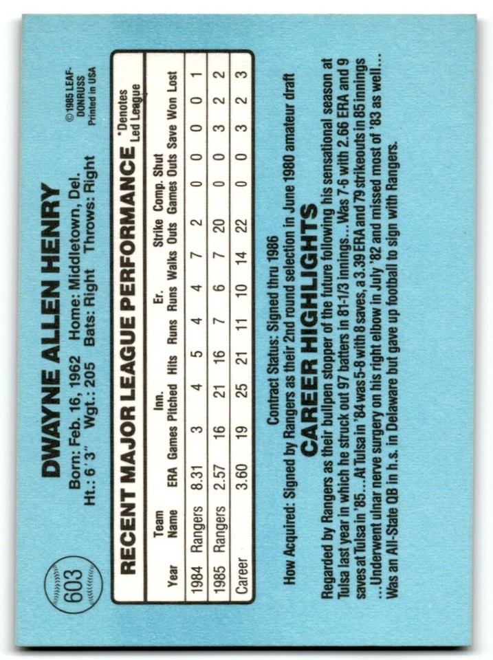 1986 Donruss Dwayne Henry Rookie Texas Rangers #603 | eBay