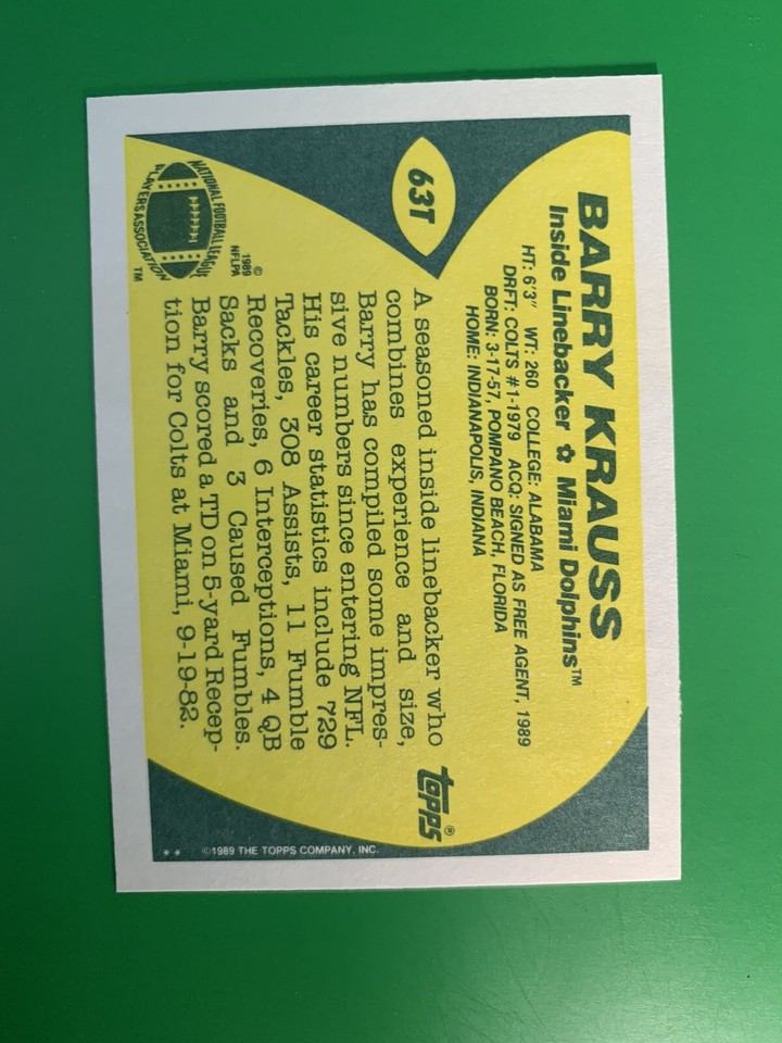 1989 Topps Barry Krauss #63T Miami Dolphins | eBay