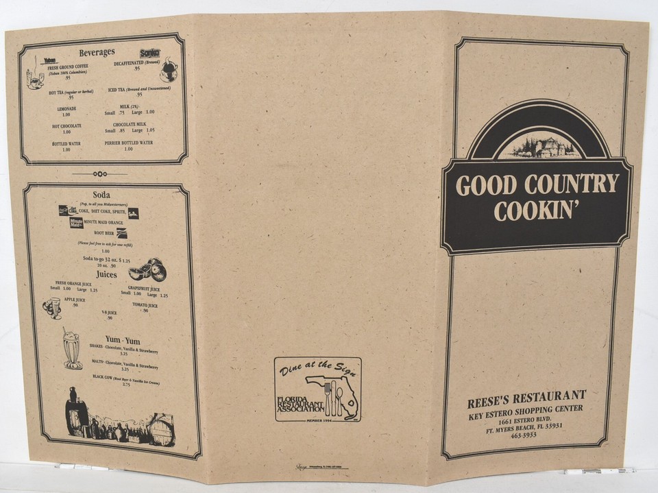 1990s Reese's Restaurant Menu Key Estero Shopping Center Fort Myers ...