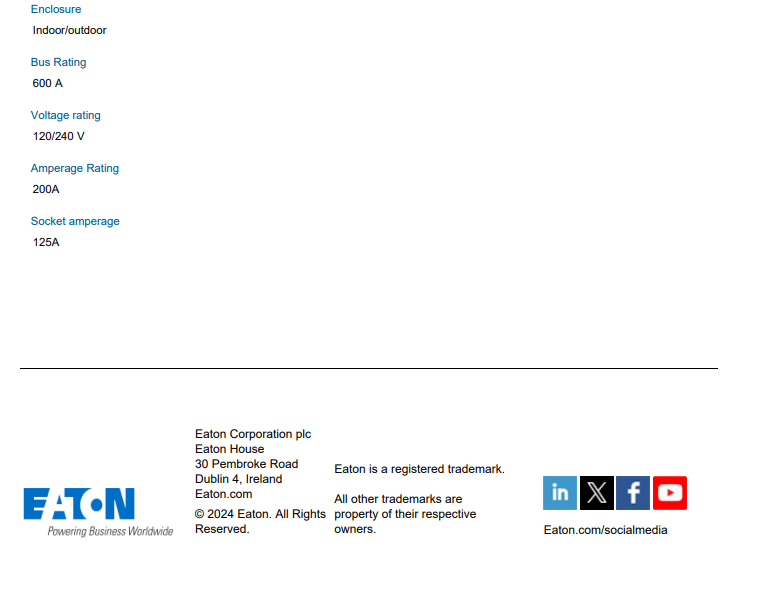 EATON 200 Amp 2-Gang Position 125A Meter Socket 1MP2122R EUSERC as ...