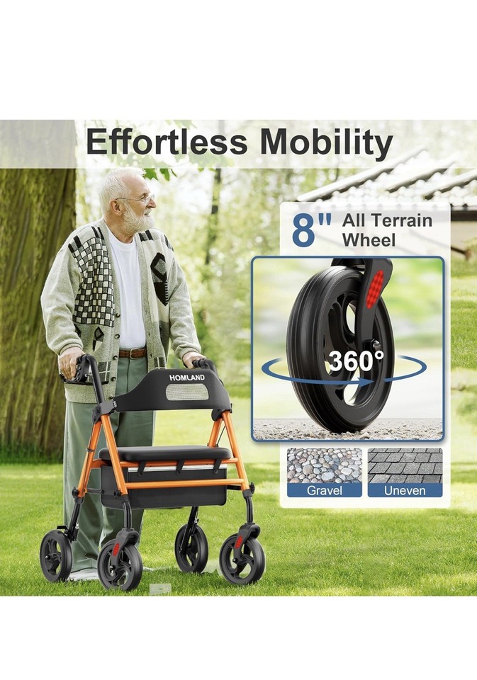 HOMLAND Foldable Rollator Walkers with Seat for Seniors, 8'' Big Wheels ...