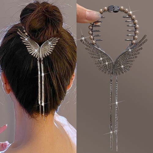 Angel Wings Hair Bun Hair Clips Women Girls Rhinestone Tassel Ponytail ...