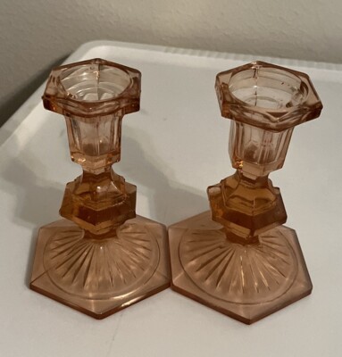 Vintage Peach Glass Candlesticks | eBay