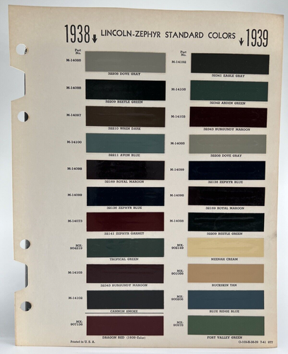 1938 1939 Lincoln- Zephyr paint color chip chart sheet sample Sherwin ...