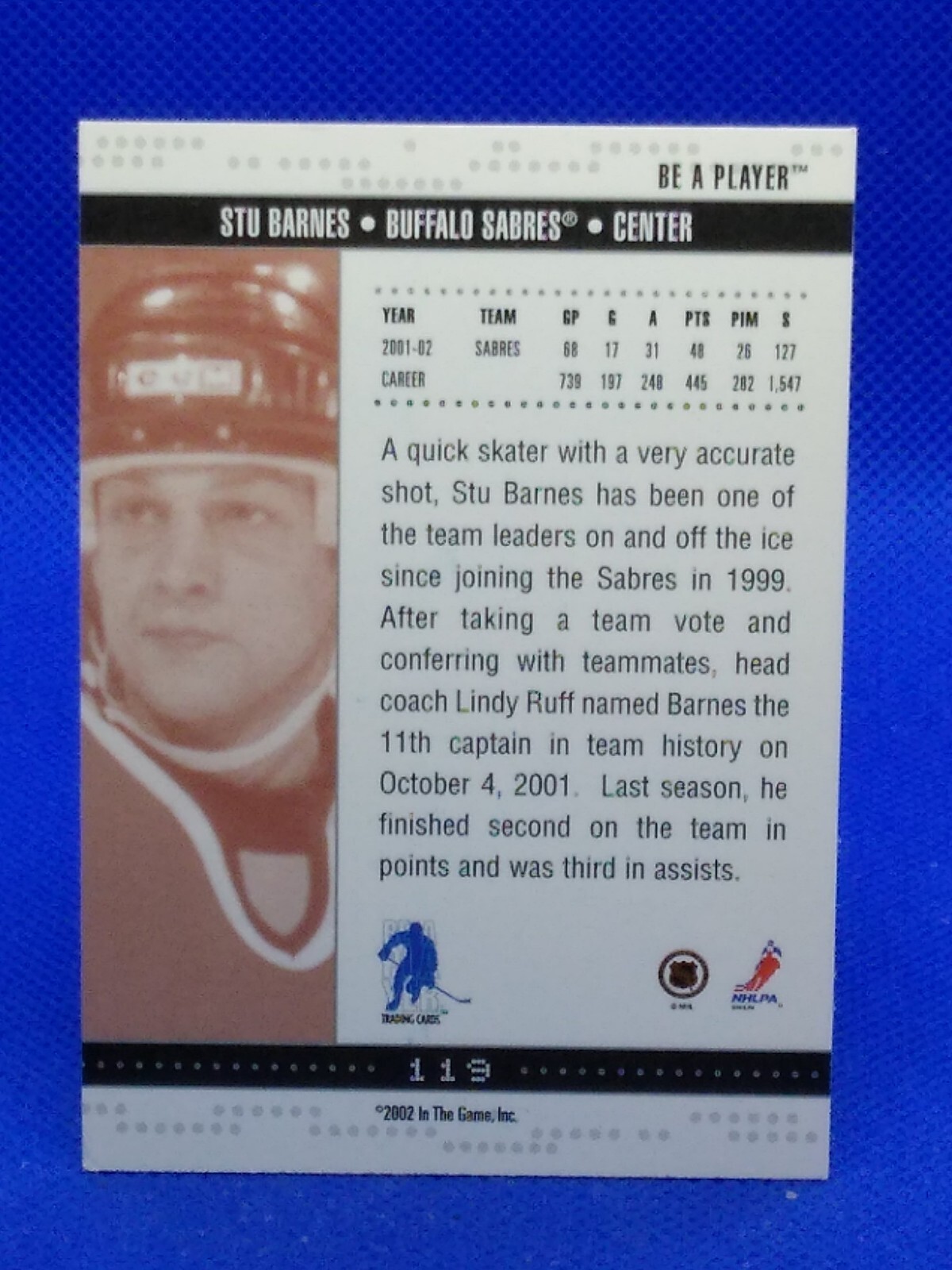 Stu Barnes 2002-03 Be A Player #119 PERSONAL AUTOGRAPH Buffalo Sabres ...