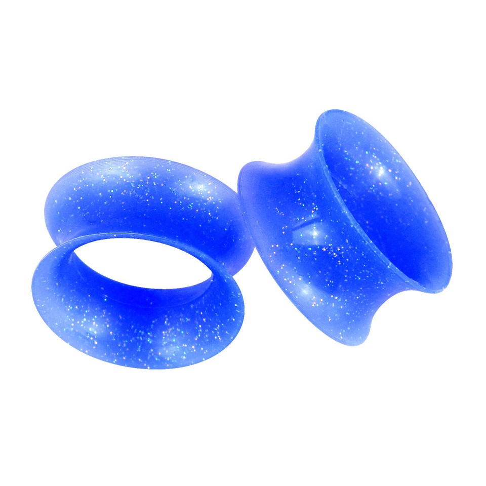 1Pair Gold Glitter Thin Silicone Ear Tunnels Gauges Plugs Double Flared ...