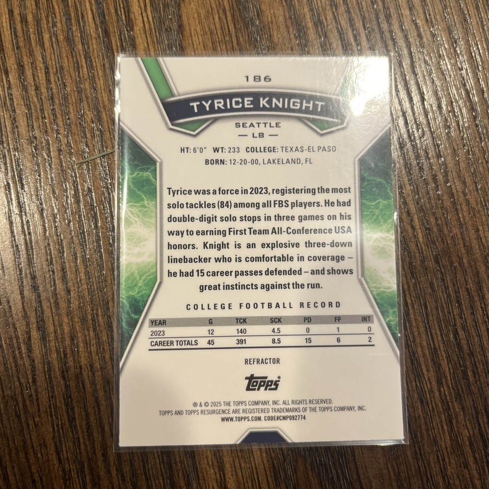 2025 Topps Resurgence Tyrice Knight Refractor Seattle Seahawks #186 | eBay