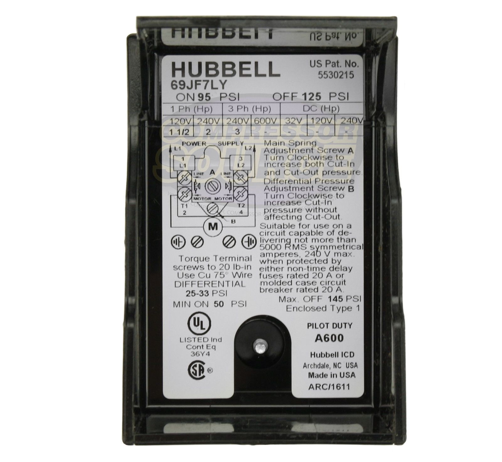 Hubbell 69JF7LY Furnas Air Compressor Pressure Switch Control Valve 95 ...