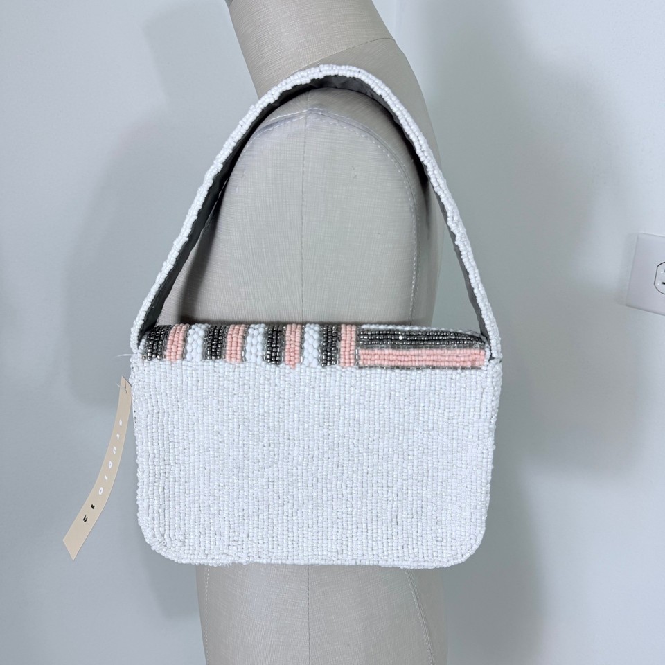 New Beaded Shoulder Bag Purse Peach Pink White Stripe Handcrafted India ...