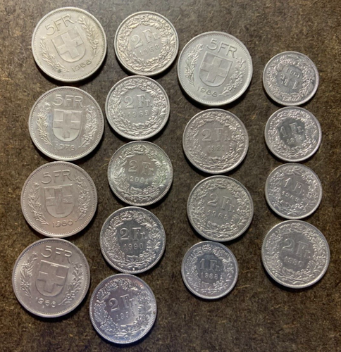 45 Swiss CHF Franc Coins, 17coins, 1968-2001, Helvetica, Switzerland ...