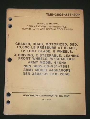 LETOURNEAU ARMY 440HA MOTOR GRADER PARTS MANUAL BOOK CATALOG | eBay