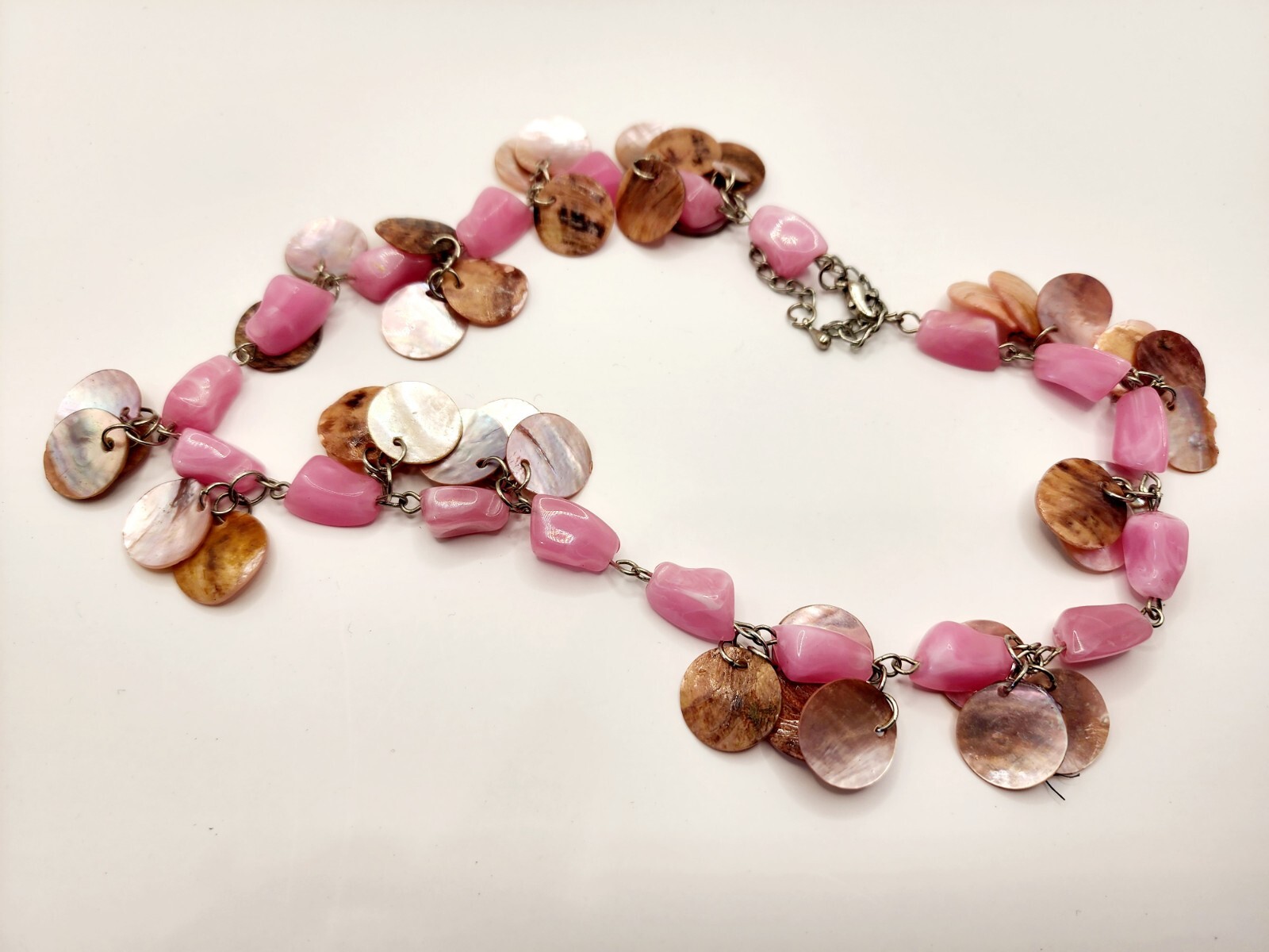 Short Pink Acrylic Bead & Shell Disc Necklace | eBay