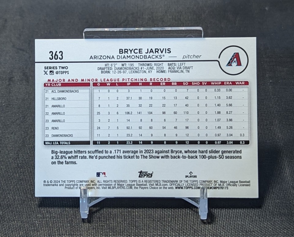 Bryce Jarvis Rookie RC 2024 Topps Series 2 Card #363 Arizona ...