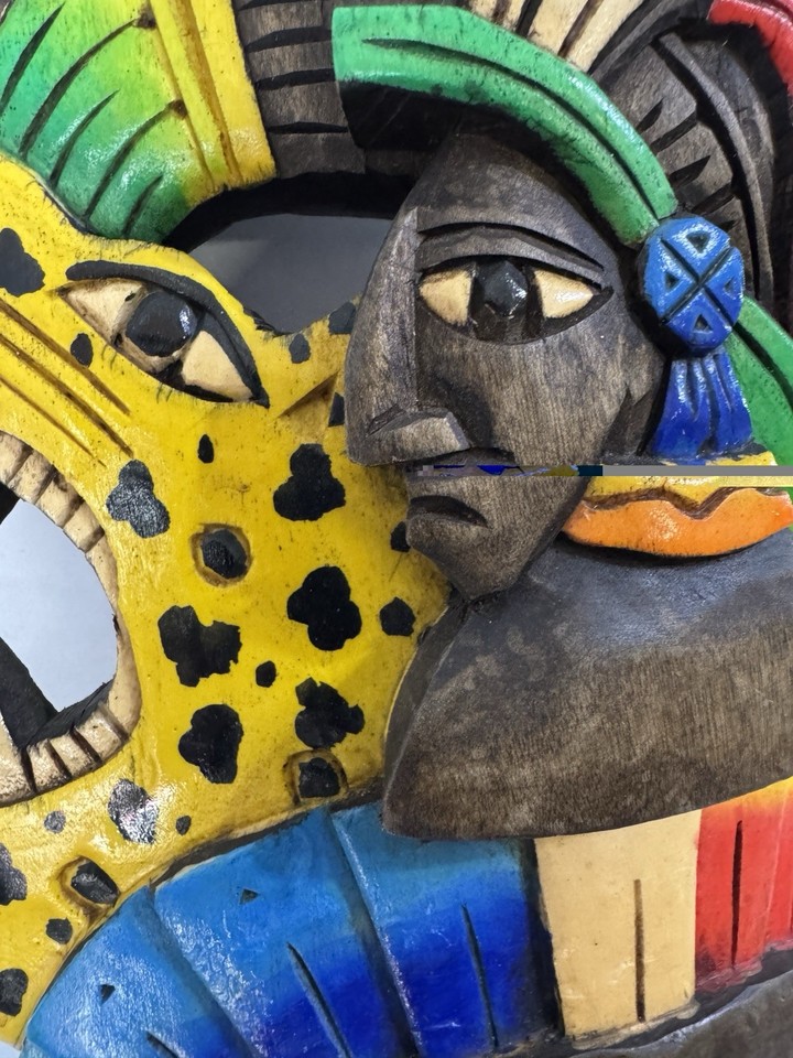 Aztec Mayan Hand Carved Wood Mask Vintage Mexican Serpent Jaguar Folk ...