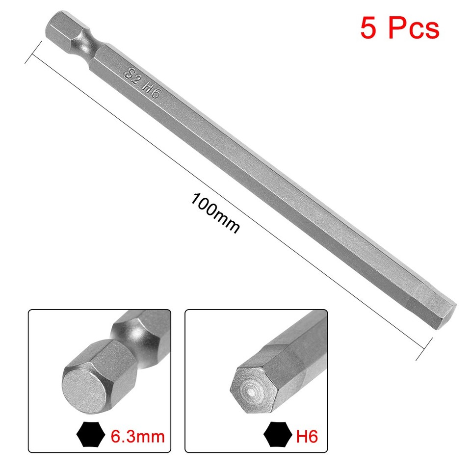 5pcs 100mm Long 1/4" Hex Shank H6 Hex Screwdriver Bit S2 High Alloy ...