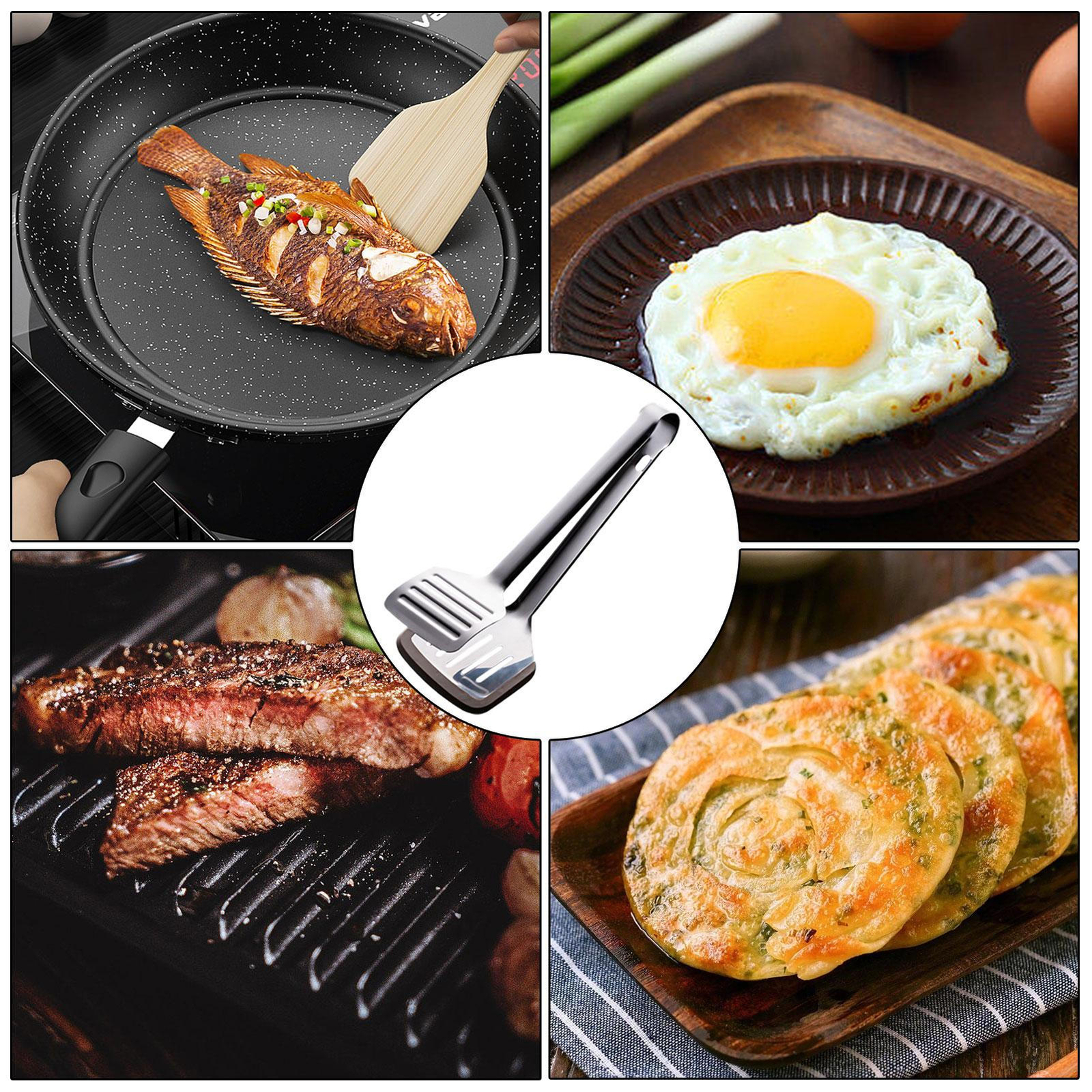 Stainless Steel BBQ Tongs Steak Clamp Meat Turner Fish Flipper Fried ...