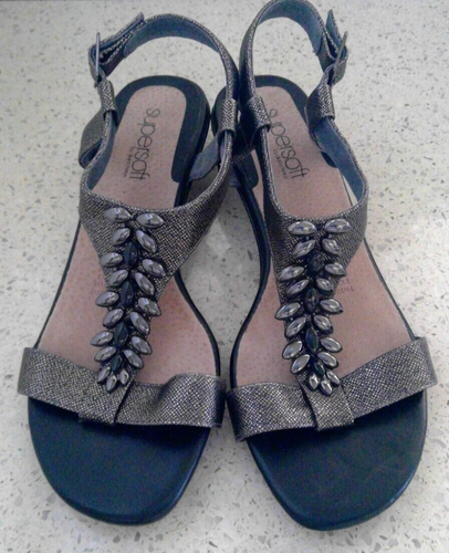 SUPERSOFT by DIANA FERRARI Pewter Leather BEADED T-Bar Sandals, 6C - AS ...